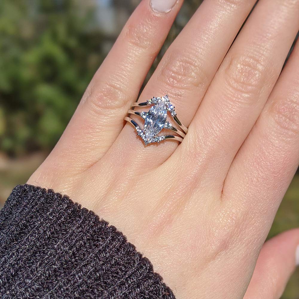 TwoBirch 925 Silver Marquise Three Ring Bridal Set with Three Stone Marquise Engagement Ring and Two Matching Chevron Contour Bands (925 Silver, Size 8)