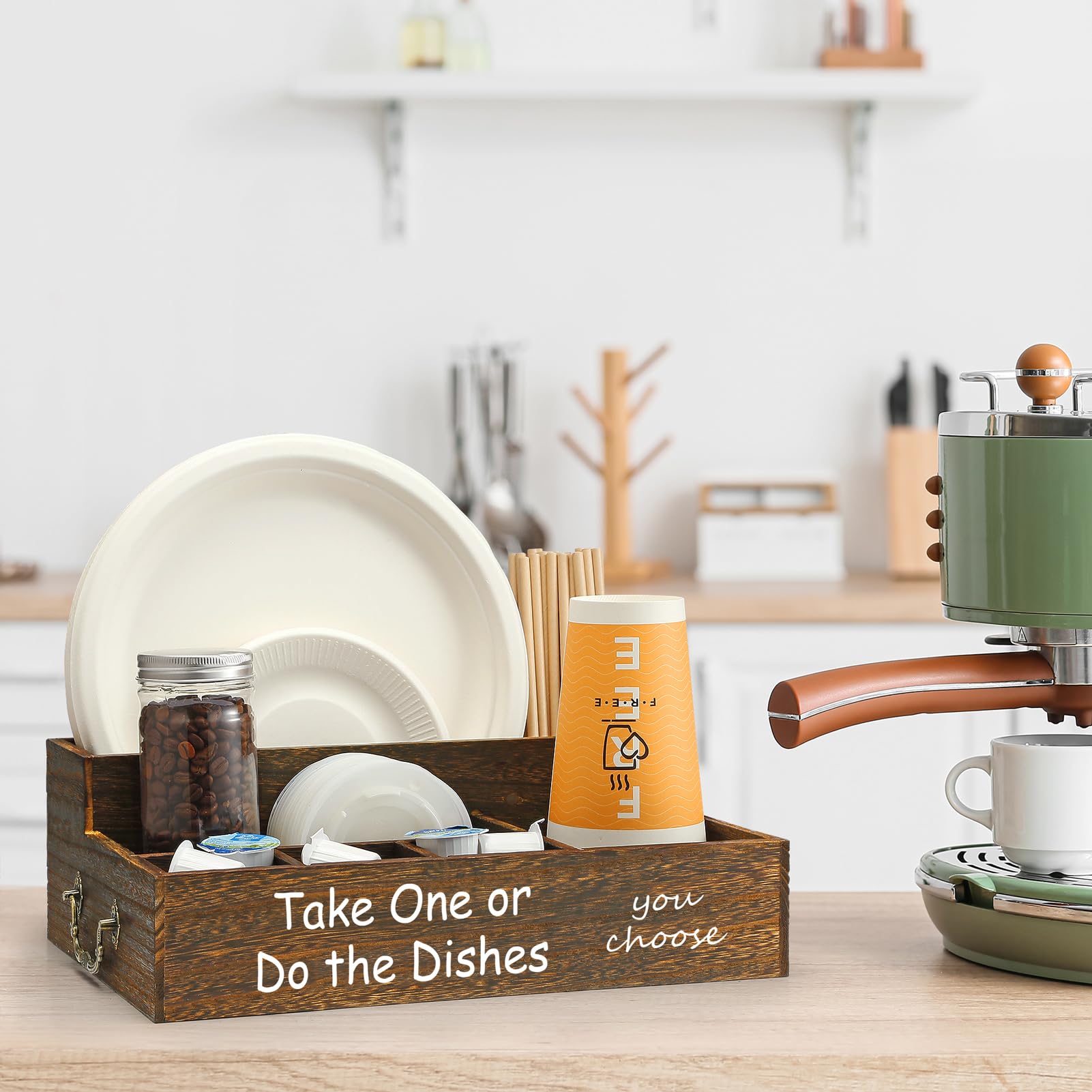 Stahala Paper Plate Holder for Kitchen Counter,Wood Utensil Caddy Organizer,Kitchen Silverware Caddy Holder for Cups,Forks,Spoons,Plates,Napkins,Utensil Holder Paper Plate Dispenser (Big Brown)