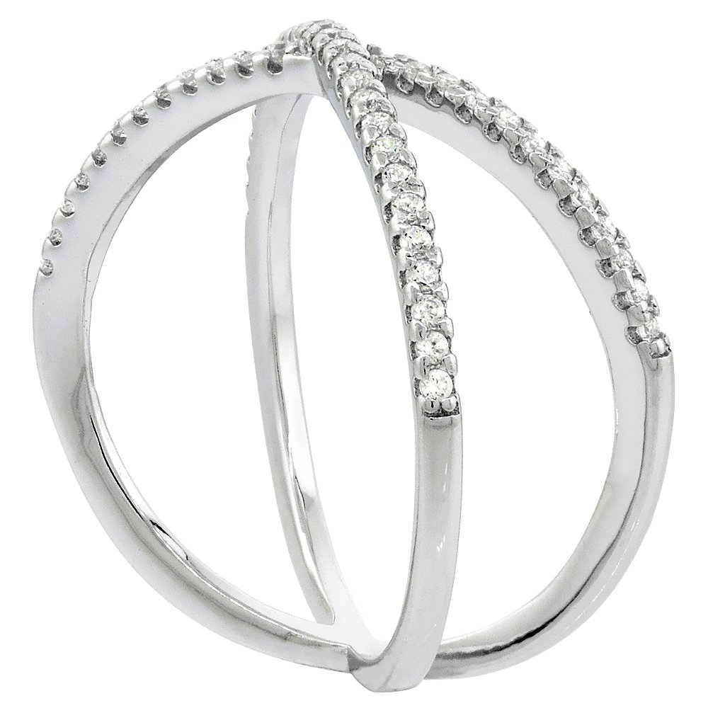 Sterling Silver Cubic Zirconia Criss Cross Ring Micro pave 3/8 inch wide, size 8
