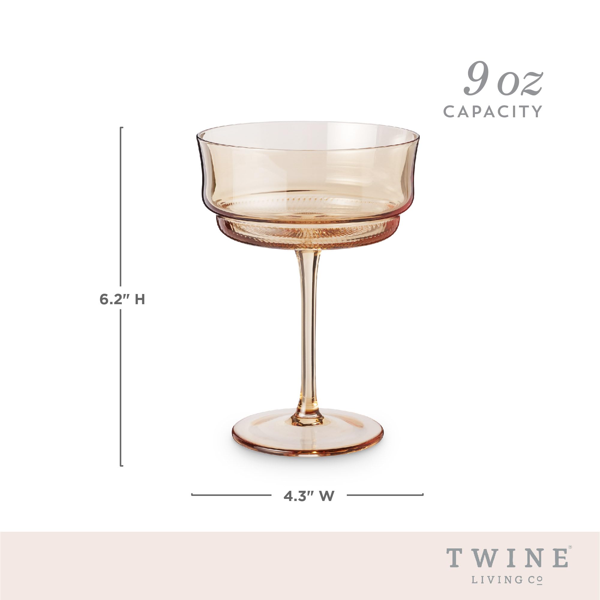 Twine Tulip Coupe Glasses, Gold Amber Tinted Drinking Stemmed Cocktail Tumblers or Wine Cups, Yellow Brown, 9 Oz, Set of 2