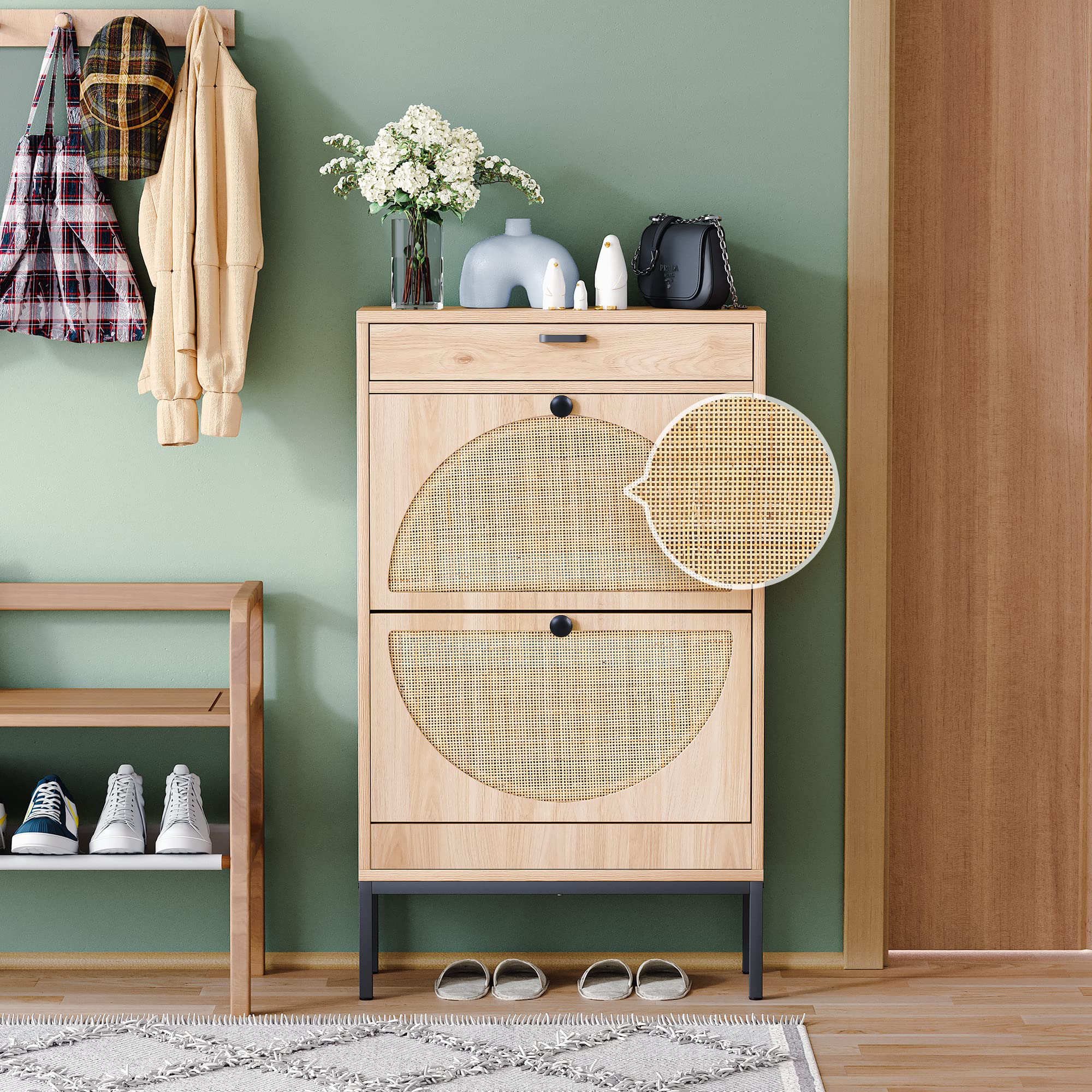 Yechen Shoe Rack Storage Organizer with 2 Natural Semi-Circular Rattan Doors, Entryway Wooden Shoe Cabinet for Sneakers, Leather Shoes, High Heels, Slippers (1 Piece, Oak)