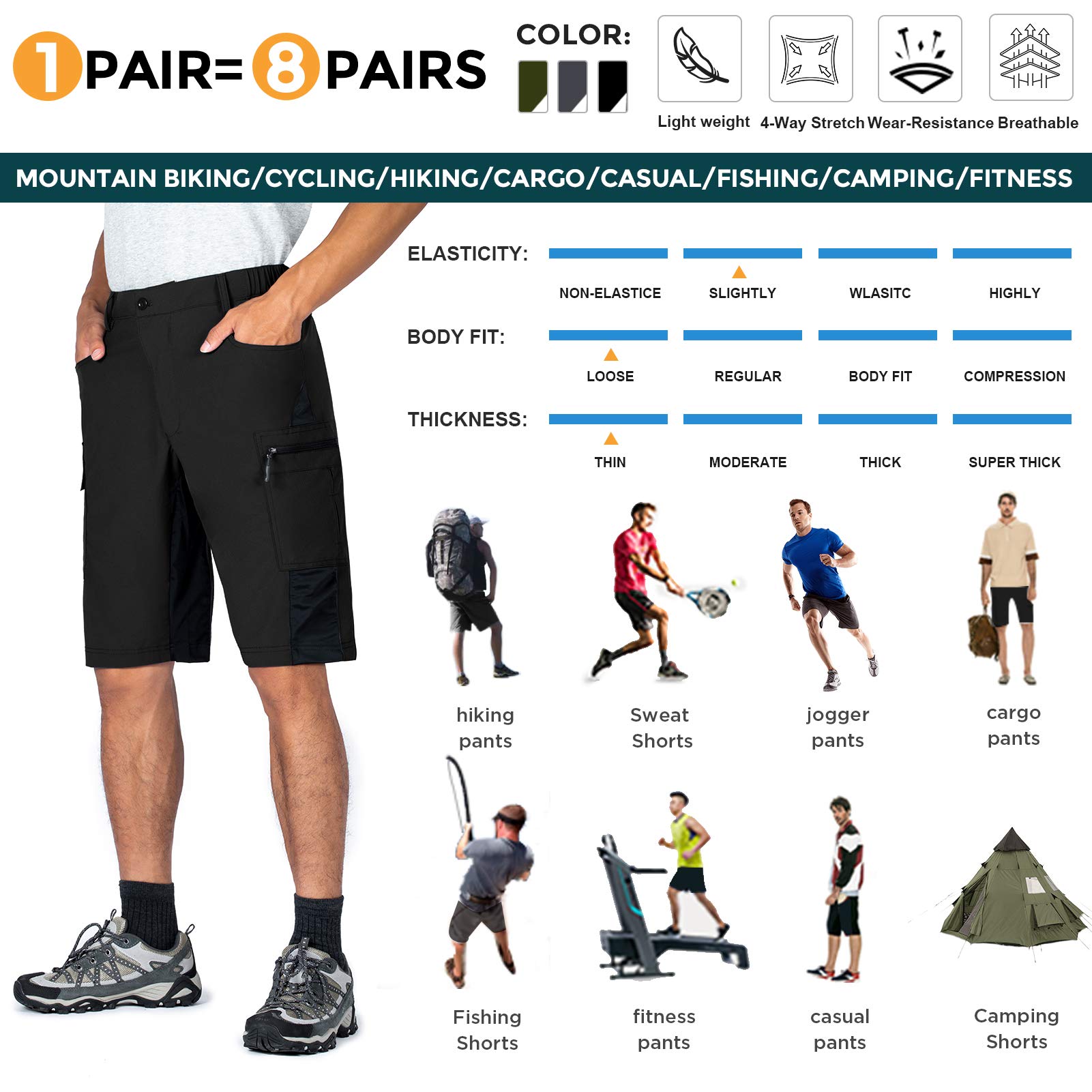 XKTTAC Men-Hiking-Shorts Strench Lightweight Outdoor Quick-Dry-Shorts with Zipper Pockets (Black, Large)