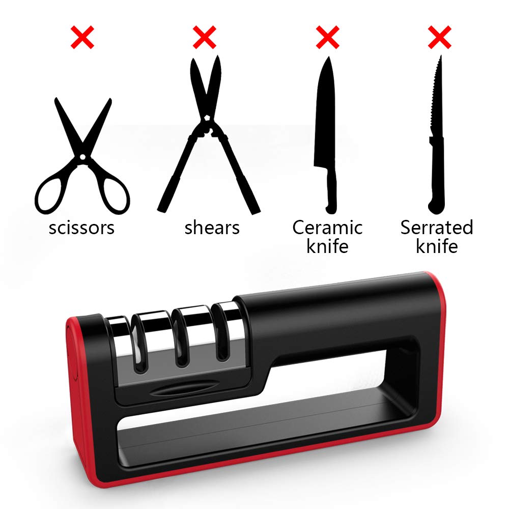 Upgraded Kitchen Knife Sharpener, Ulwae 3-Stage Knife Sharpener to Restore Non-Serrated Knife Blades Quickly, Safely, and Easy to Use for Kitchen, Camping, Hiking and Household Use Red-Black