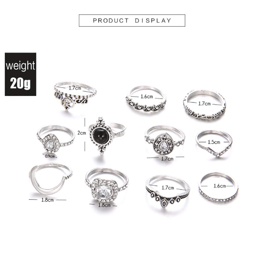 Woeoe 12 PCS Boho Knuckle Stacking Rings Silver Vintage Finger Rings Bling Crystals Moon Midi Rings for Women