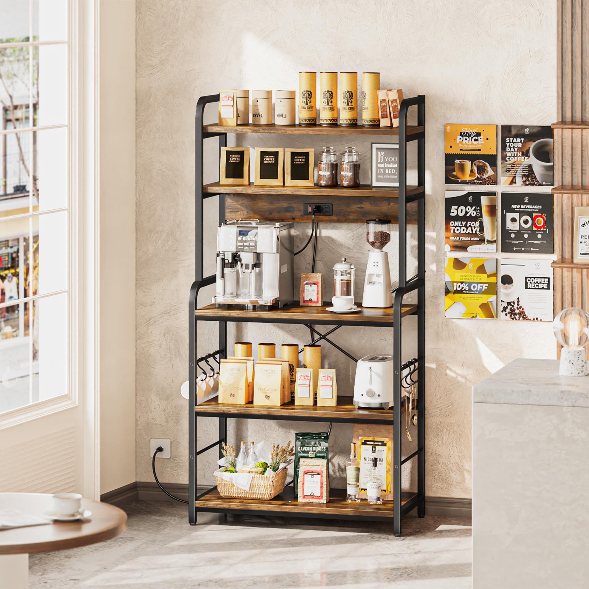 SUPERJARE Bakers Rack with Power Outlets, 65"H Coffee Bar, 5-Tier Microwave Stand with Storage, Coffee Station, Kitchen Rack with 6 S-Hooks, Kitchen Shelf Rack for Spices, Pots and Pans, Rustic Brown