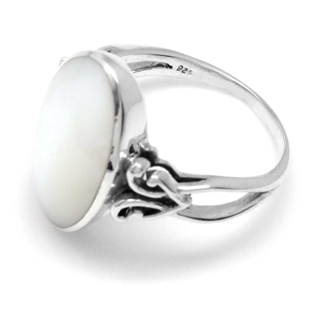Silvershake Oval Shape White Mother of Pearl Inlay 925 Sterling Silver Victorian Style Heart Knot Ring Size 8