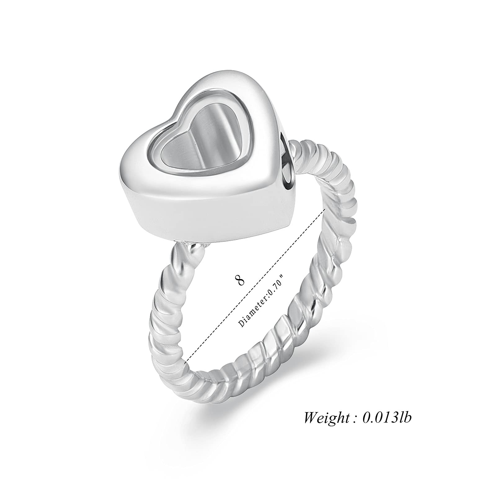 XSMZB Glass Heart Urn Cremation Rings for Ashes - Stainless Steel Memorial Finger Ring Human Pets Keepsake Jewelry for Women (Silver-8)