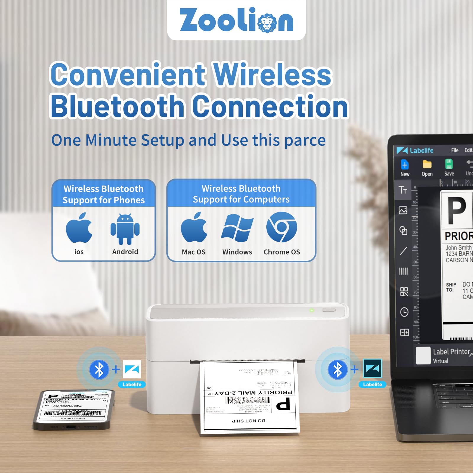 Zoolion Shipping Label Printer Bluetooth, Shipping Label Printer for Small Business, Mailing Label Printer, Compatible with iPhone Android Windows Amazon Etsy USPS
