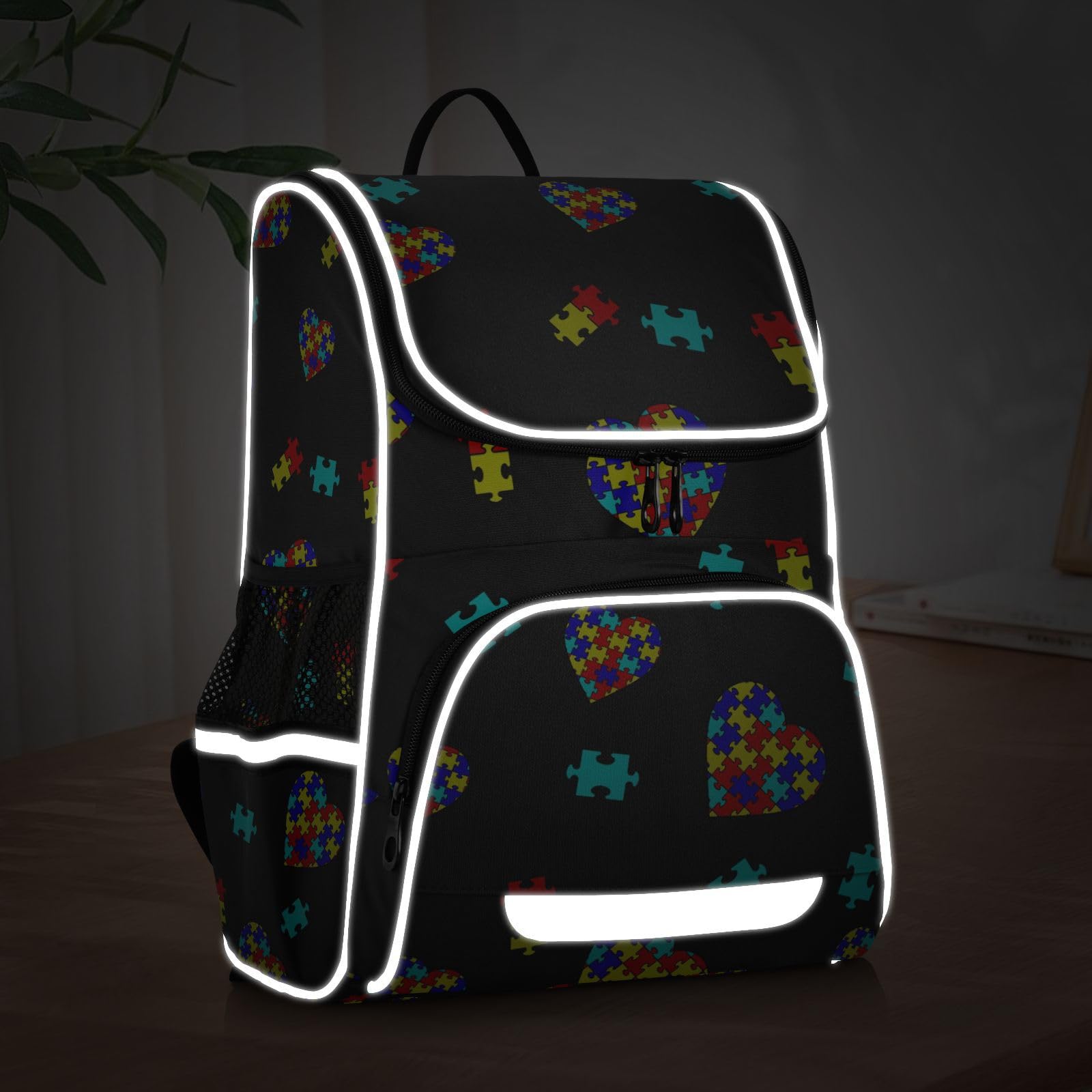 XUWU Custom Personalized Autism Awareness Colorful Puzzle Backpack with Reflective Strip for Kids Boys Girls Elementary School Bag Removable Chest Strap