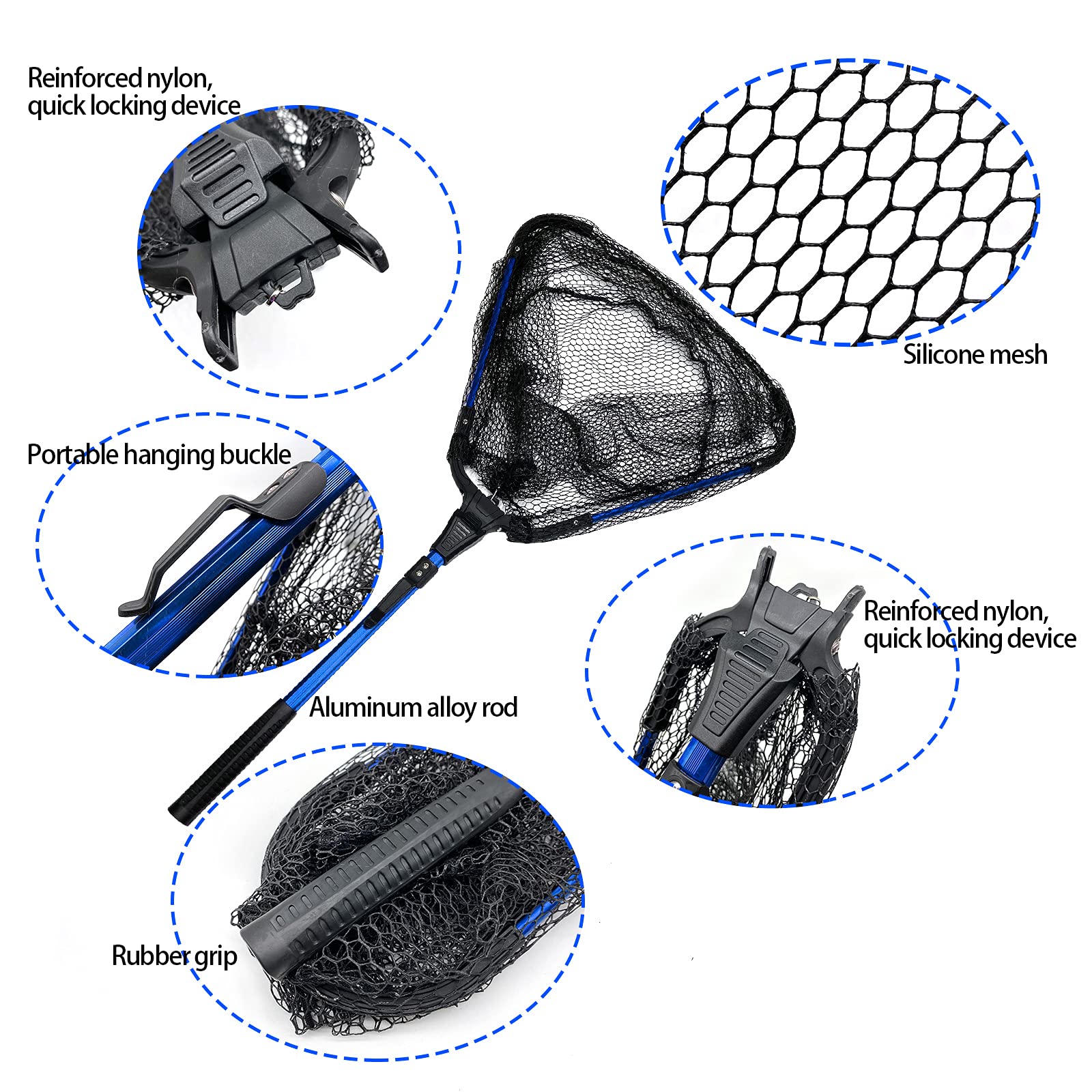 YHC Freshwater Saltwater Fishing Floating Fishing Net Extra Strong Foldable Fishing Net Rubber Coated Fish Landing Net Blue