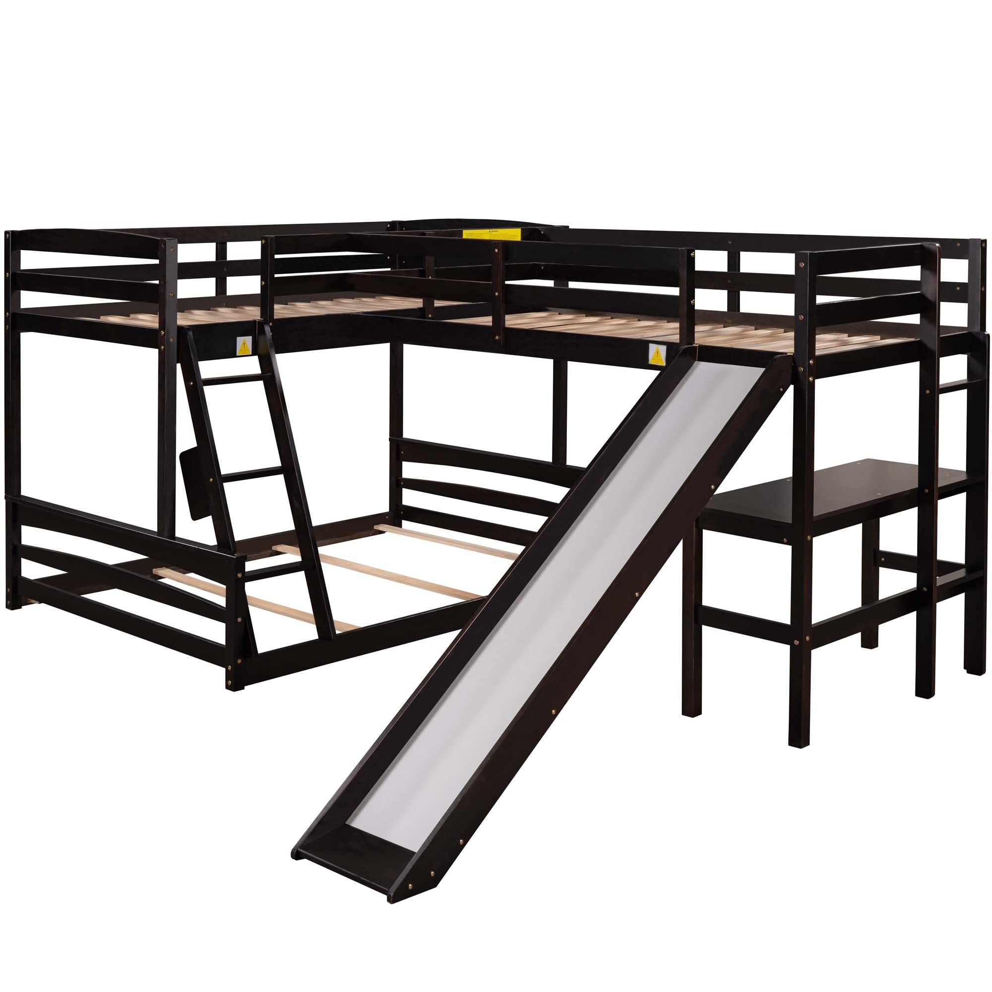 Tidyard Twin Over Full Bunk Bed with Twin Size Loft Bed with Desk and Slide,Full-Length Guardrail, Espresso Platform Bed Frame, Easy Assembly for Dorm, Bedroom