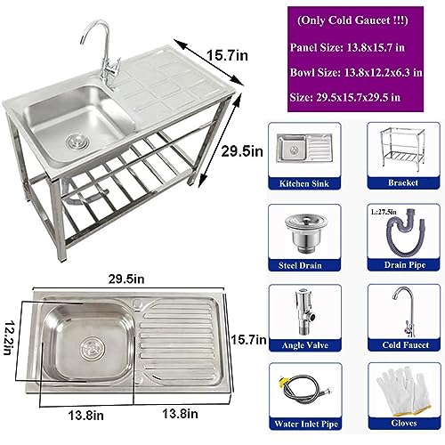 TsoLay Workbench Sink Freestanding Utility Sink for Commercial Kitchen Restaurant Single Bowl Sink Set Table Stainless Steel Faucet & Drainboard Easy to Clean