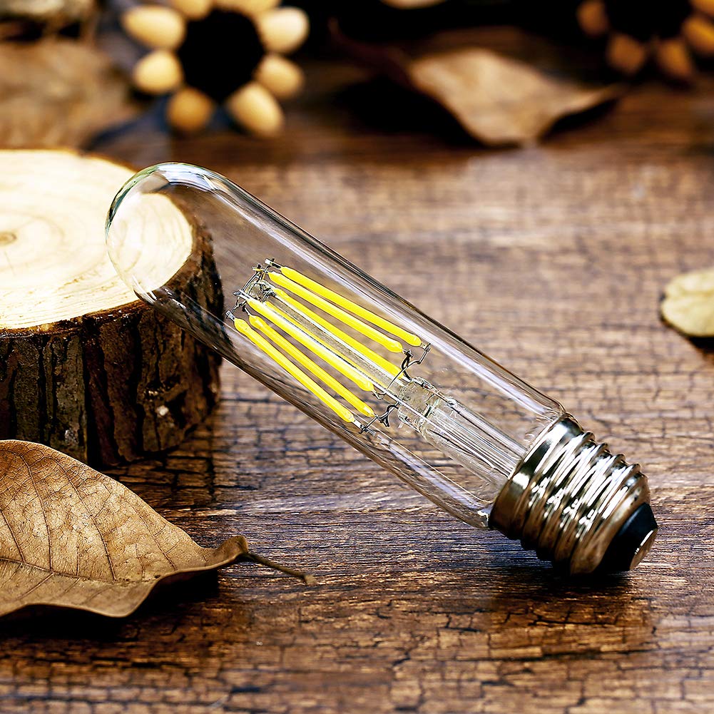 YFXRLIGHT Dimmable 6W Edison Led Tubular Bulb T10, Daylight White 4000K, Vintage Led Filament Light Bulb, E26 Medium Base, 60 Watt Bulb Equivalent, 600LM,Clear Glass Cover, Pack of 6