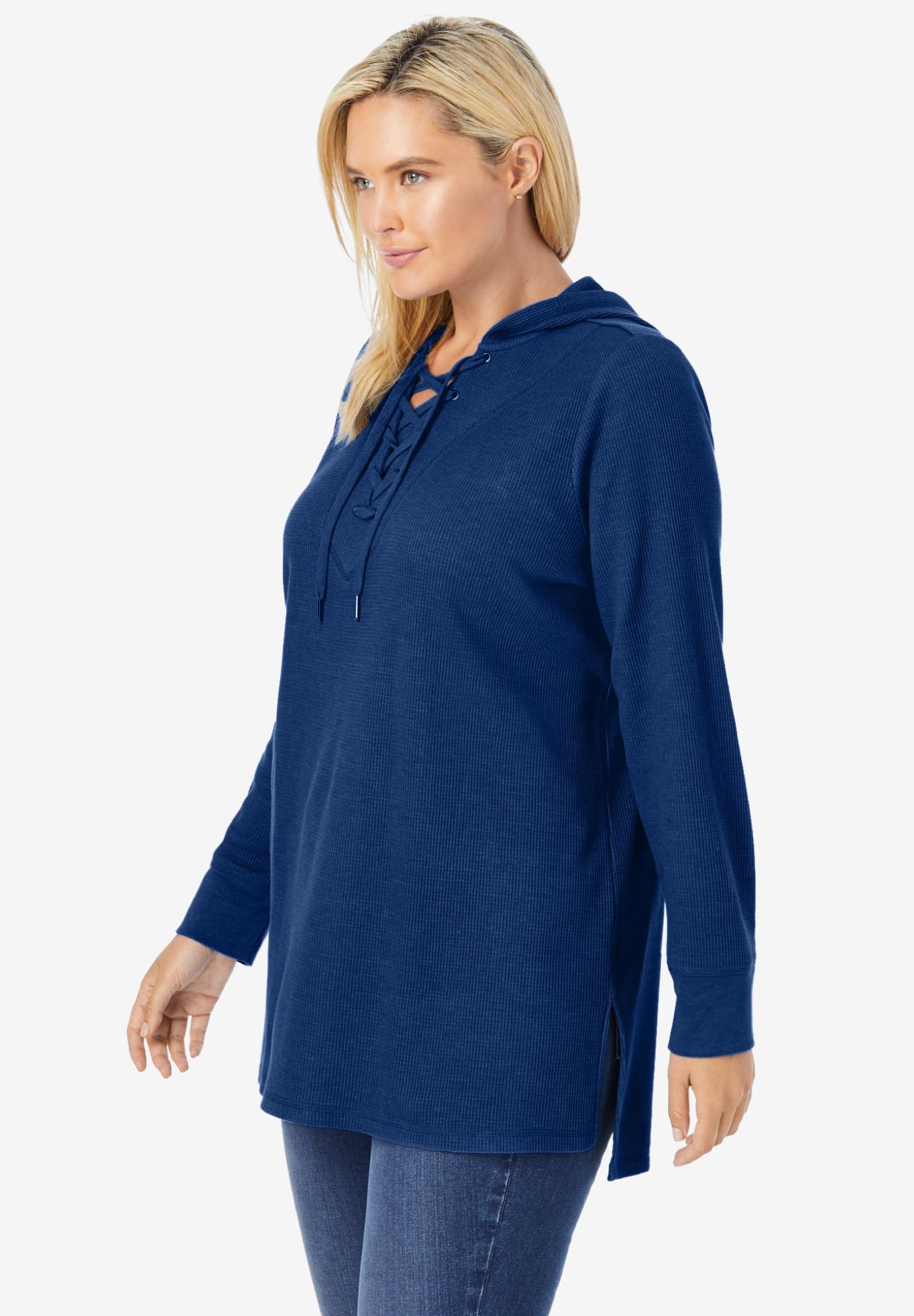 Woman Within Women's Plus Size Washed Thermal Lace-Up Hooded Sweatshirt - 30/32, Black