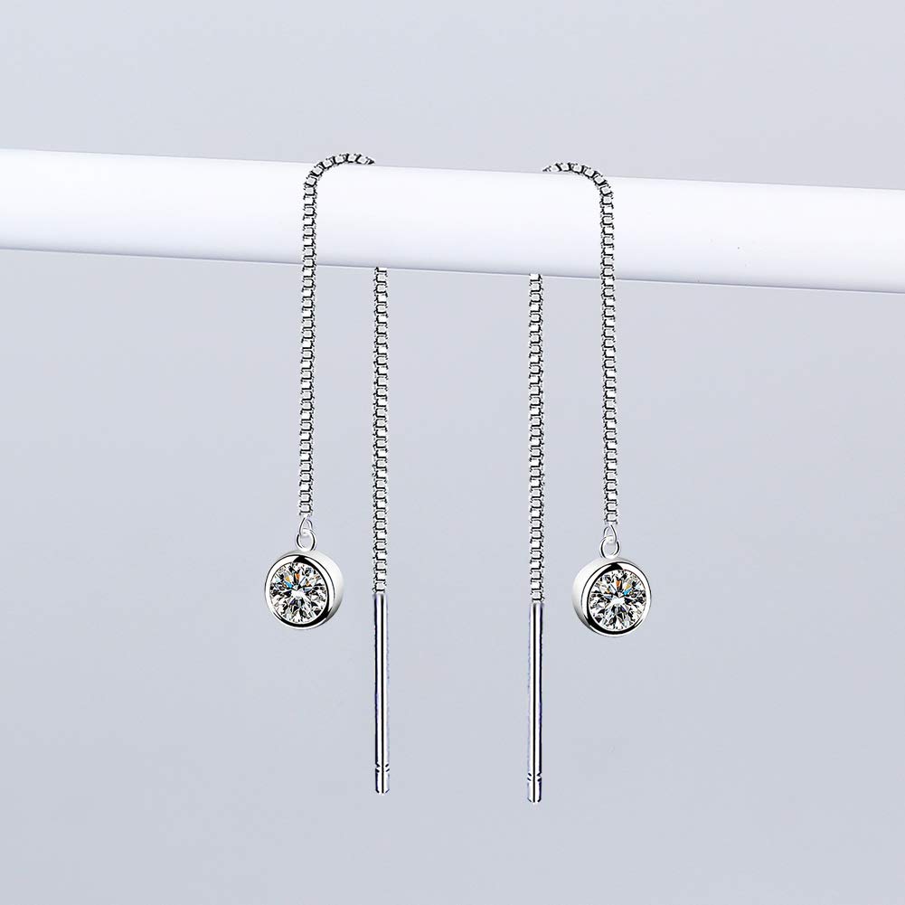 Women 925 Sterling Silver Brilliant Round Cut CZ Needle Threader Pull Through Dangle Earrings