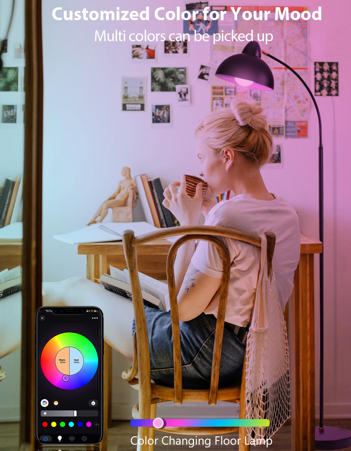 YHW Living Room Floor Lamp Smart Compatible with Alexa&Google, RGB 2700-6500k CCT Dimmable Color Changing for Bedroom Office.