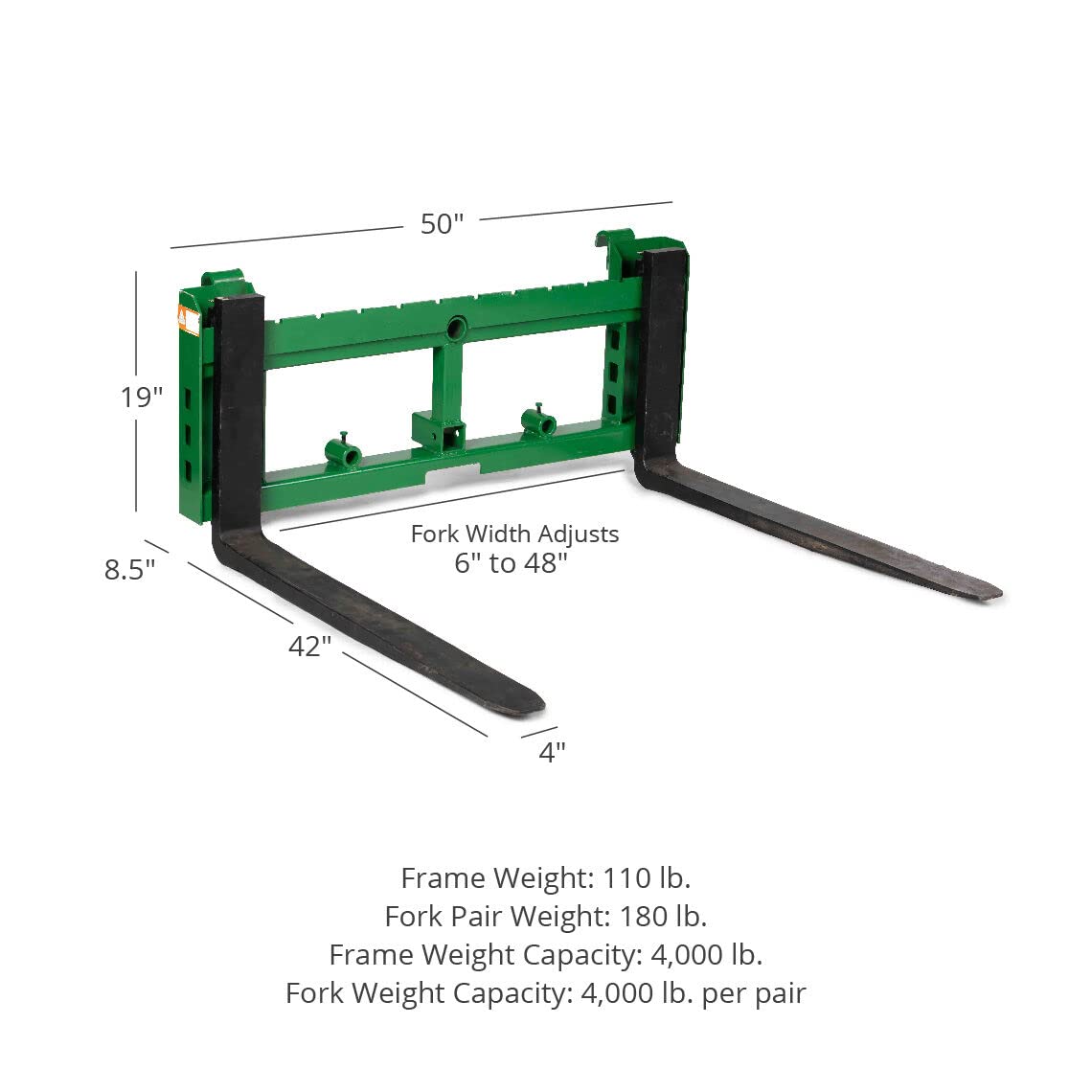 Titan Attachments Pallet Fork Attachment, 42†Fork Blades, Rated 3,000 LB, Receiver Hitch, Fits John Deere Loaders