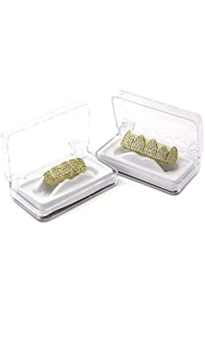 Solid 925 Sterling Silver Real Grillz - 14k Yellow Gold Plated - Iced CZ - Custom Top & Bottom Grills For Teeth - Real Solid Silver NOT BRASS