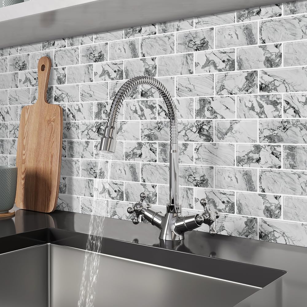 Subway Tile Peel and Stick Backsplash for Kitchen Bathroom Accent Wall Sticker 12"x12" Stick on Backsplash Self Adhesive, Grey Marble,1 Sheet