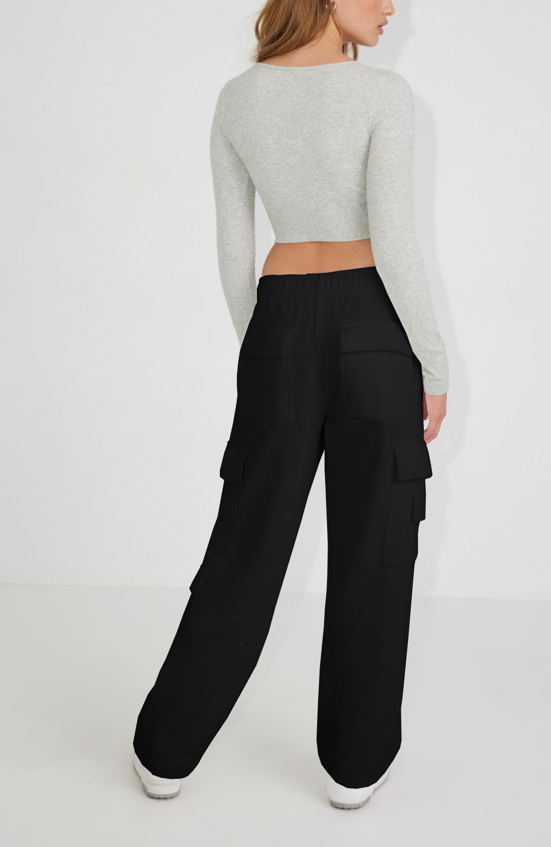 Waitfairy Womens Cargo Sweatpants Casual Baggy High Waisted Joggers Pants Fleece Sweat Pants with Pocket Black M
