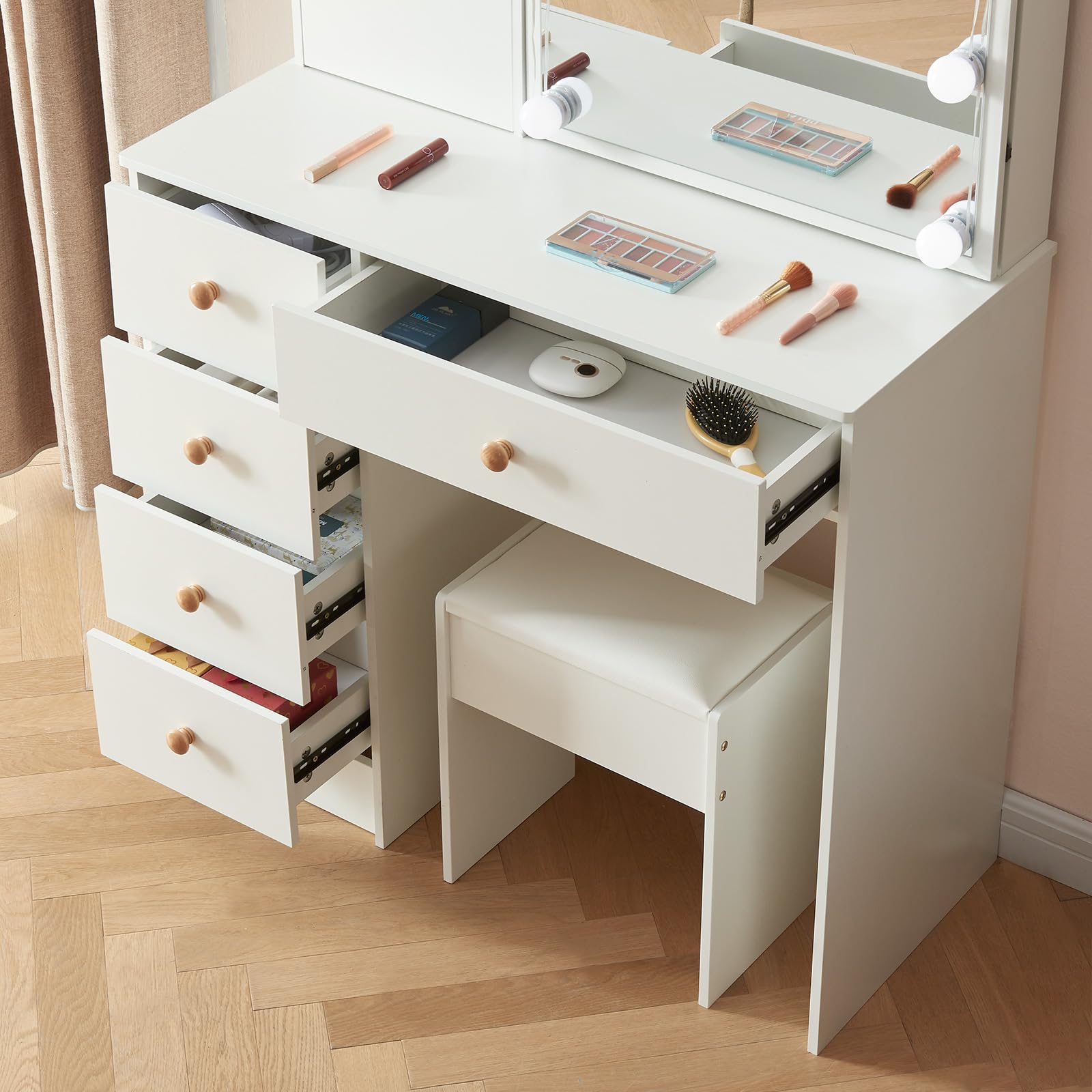 TOJUMP White Makeup Vanity with Lighted Mirror, Vanity Table with Storage Drawer, Dressing Table with Cushioned Stool and for Bedroom, Makeup Room (Modern D2)