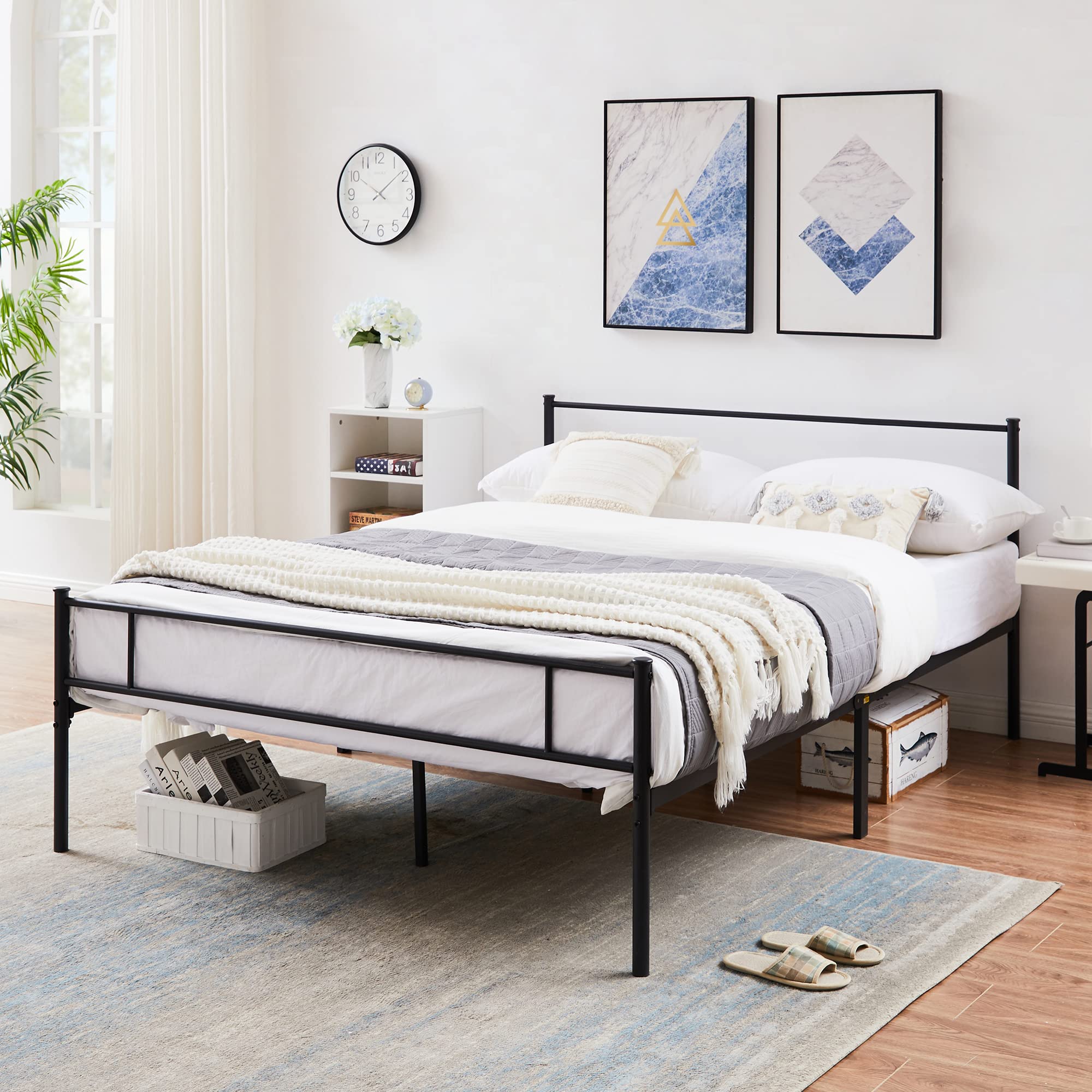 VECELO Queen Size Metal Platform Bed Frame with Headboard and Footboard & Strong Slats Support, No Box Spring Needed & Twin Platform Bed Frame with Headboard and Footboard, No Box Spring Needed