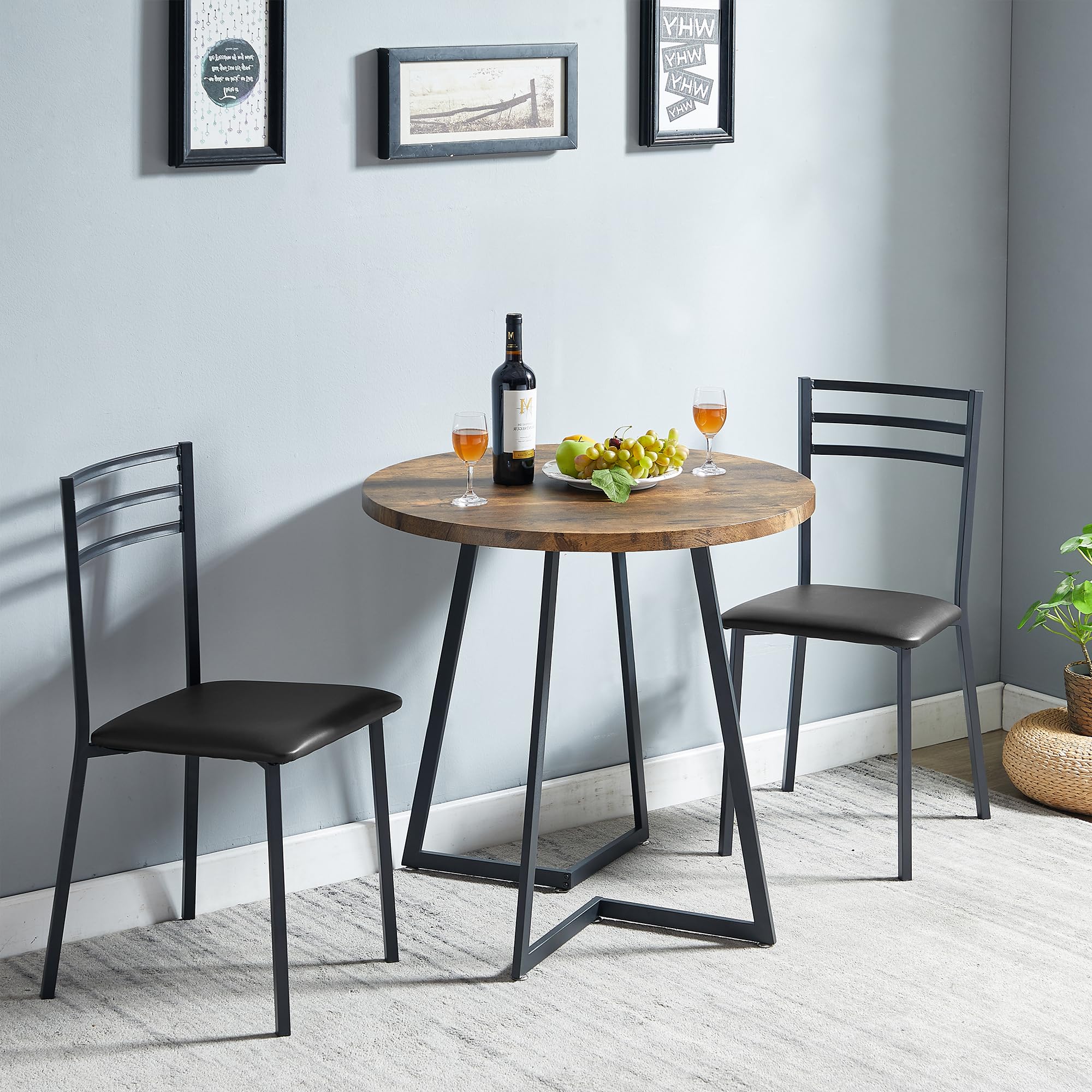 VECELO Round Kitchen Table with 2 Upholstered Chairs, 3-Piece Wood Dinette Sets with Steel Frame for Breakfast Nook, Dining Room, and Small Space, Brown