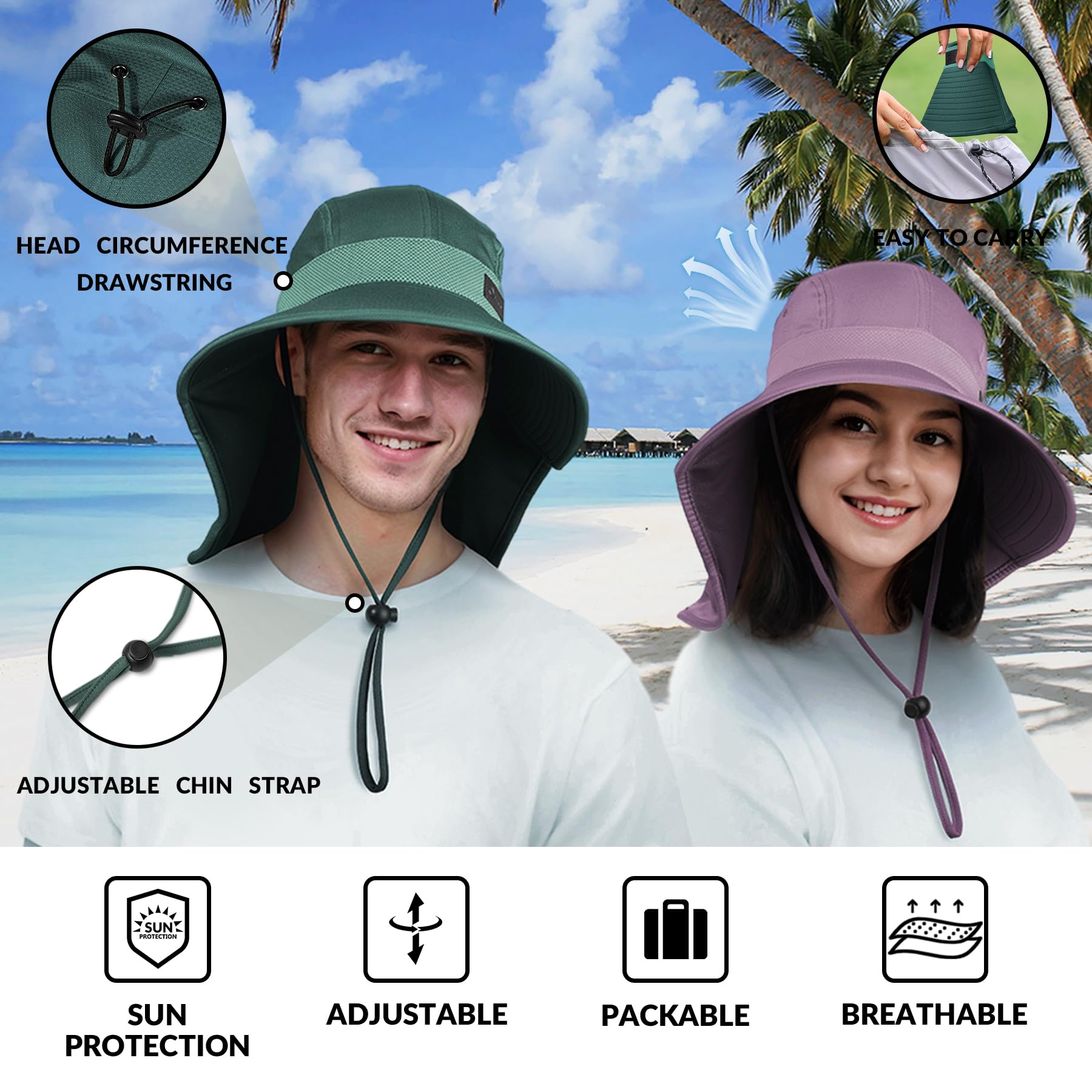 Sukeen Cooling Sun Hat for Men Women UPF50+ Wide Brim Fishing Hat with Neck Flap Adjustable Foldable Bucket Hat for Hiking Purple