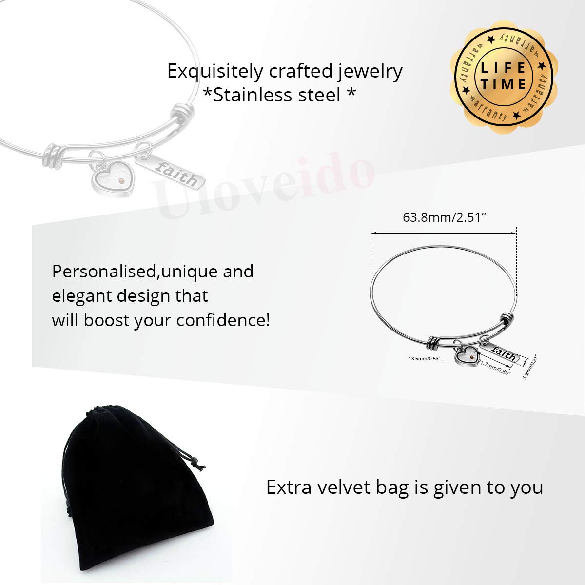 Uloveido Christian Faith Extendable Bracelet Bangle, Stainless Steel, Mustard Seed Bracelets, Christian Inspirational Gifts 2.5inch