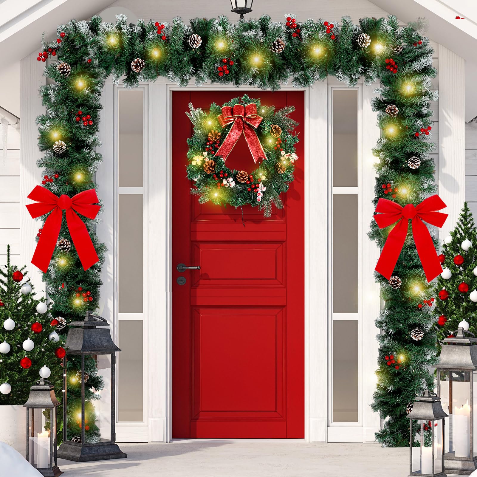 Yingzhao Christmas Wreath Decoration Kit - Includes 18ft Garland Lights, 16'' Wreath, 20 LED Lights, Mental Hanger, 2 Red Bows