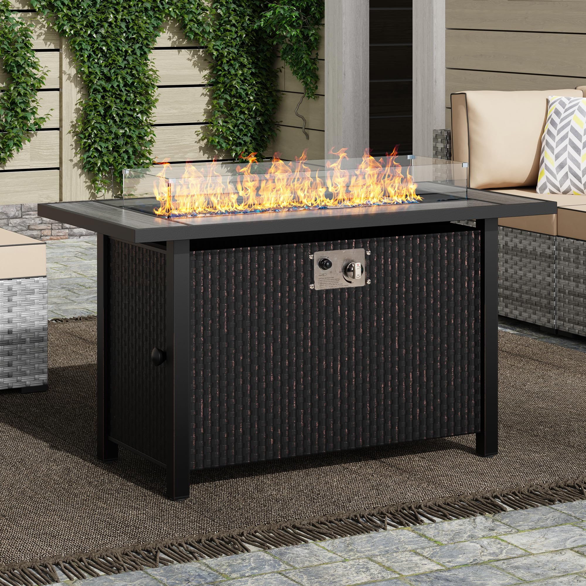SUNLEI 45" Propane Fire Pit, Outdoor Fire Pit Tables Rectangular Tabletop with Lid and Blue Fire Glass, 50000 BTU Glass Wind Guard and Tables for Outside Patio, BackyardâŚ