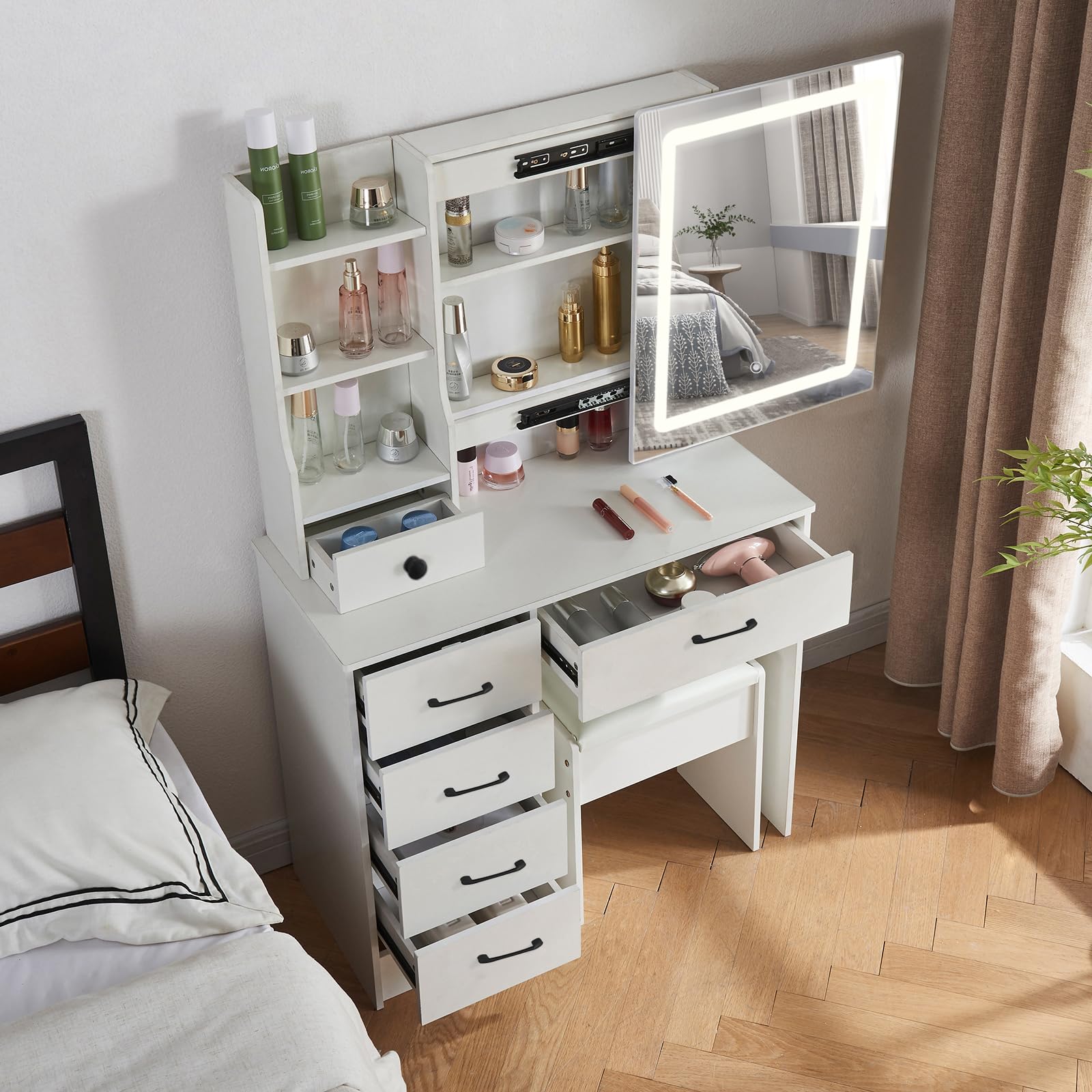 YAMISSI Makeup Vanity with Lights and 6 Drawers, Modern White Vanity Desk with Sliding Mirror and 6 Display Shelves for Girls, Dressing Table Touch Screen for Bedroom
