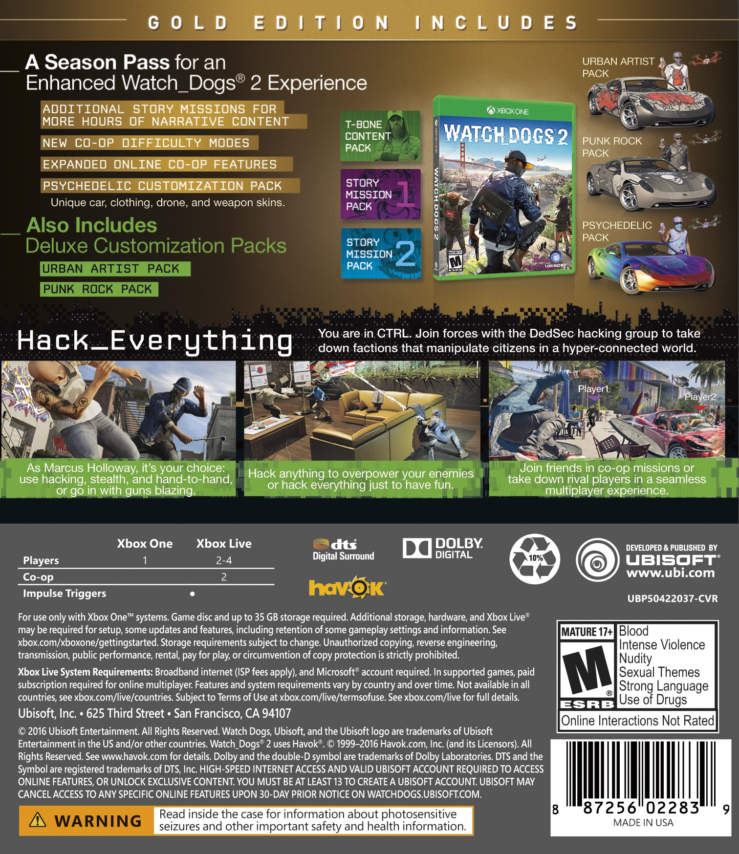 Watch Dogs 2: Gold Edition (Includes Extra Content + Season Pass subscription) - Xbox One
