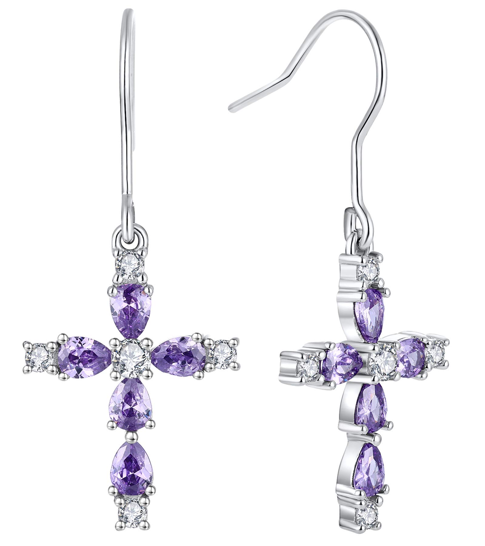 YL Cross Earrings 925 Sterling Silver Halo Dangle Earrings Created Amethyst Religious Jewelry Christian Baptism Gifts