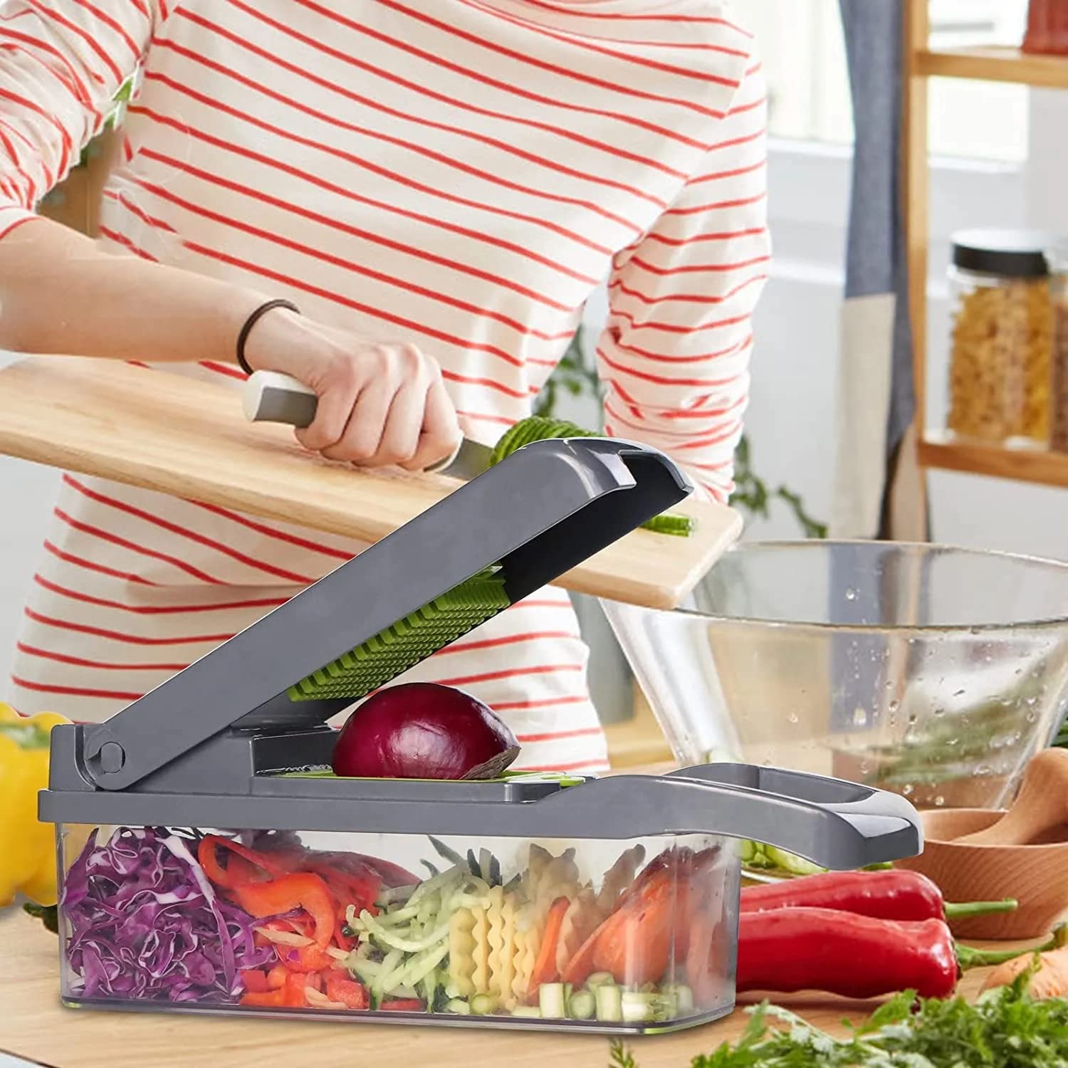 Vegetable Chopper, Multifunctional 12 in 1 Food Chopper, Kitchen Helper, Vegetable Slicer, Veggie Dicer, Onion Cutter with Container