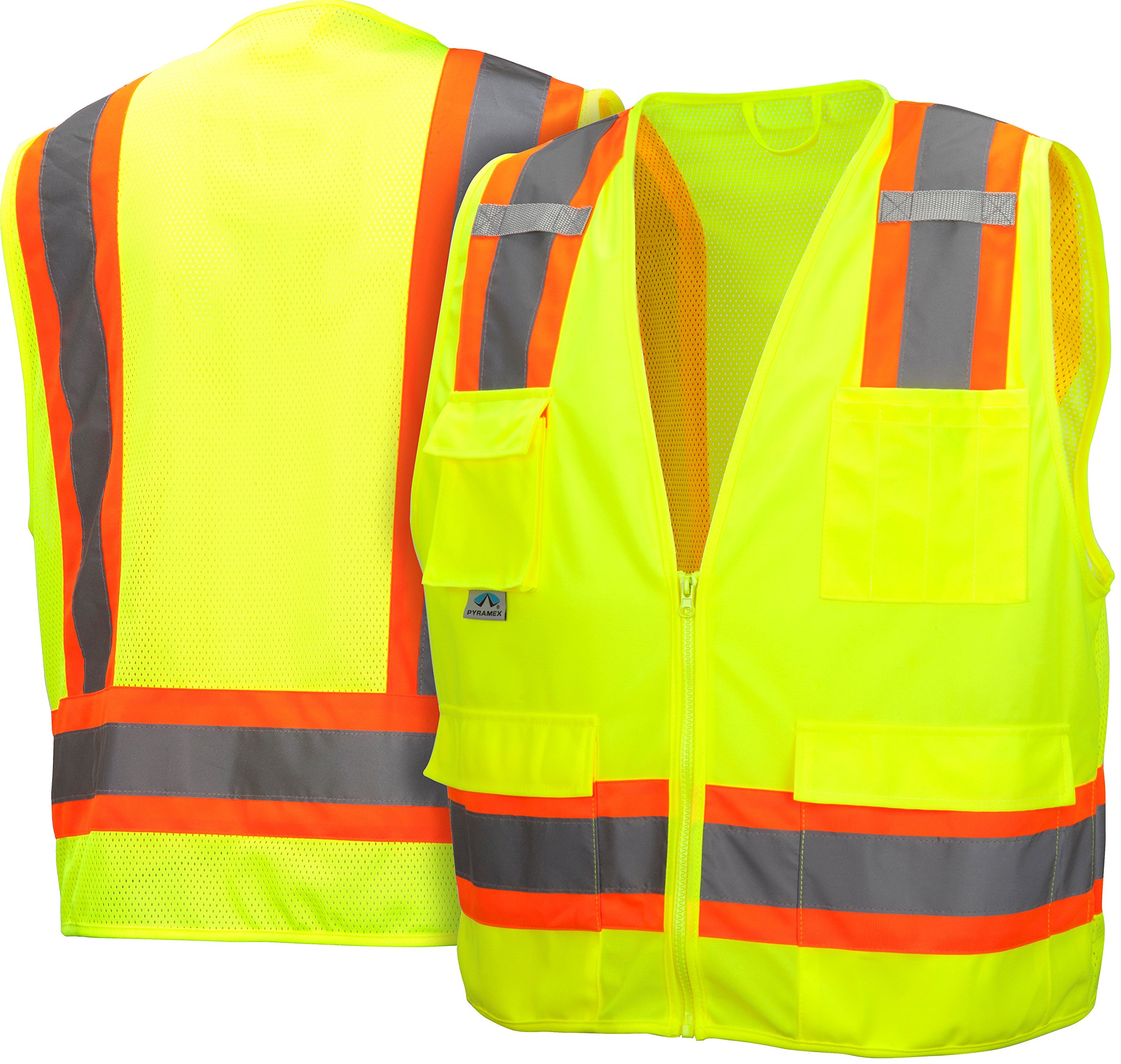 Pyramex Class 2 Surveyor's Safety Vest with 6 Pockets, Hi-Vis Lime, XL
