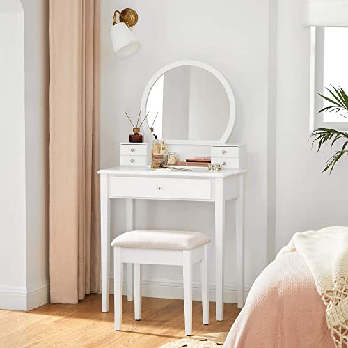 VASAGLE Vanity Set Makeup Dressing Table with Mirror, Padded Stool, 5 Drawers, 27.6 x 15.7 x 52.8 inches, White