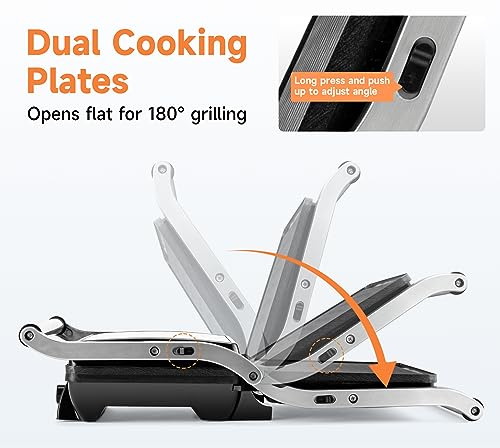 SUSTEAS Panini Press Grill - Sandwich Maker with Non-Stick Cooking Plate, Electric Indoor Grill that Opens 180 Degrees, Floating Hinge Panini Press Grill, Compact Design for Easy Storage