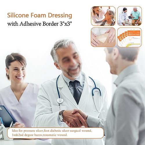Silicone Adhesive Foam Dressing with Gentle Border 3''x3'' - 10 Pack High Absorbency Waterproof Wound Bandage for Bed Sores, Leg Ulcers, and Foot Diabetic Ulcers
