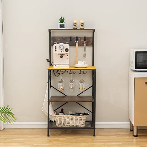 SUNTAGE Kitchen Baker's Rack, Microwave Stand with Storage Cabinet, Coffee Bar Station, Kitchen Shelf Organizer with 4-Tier Shelves, Wine Cup Holders, Kitchen Rack Rustic Brown