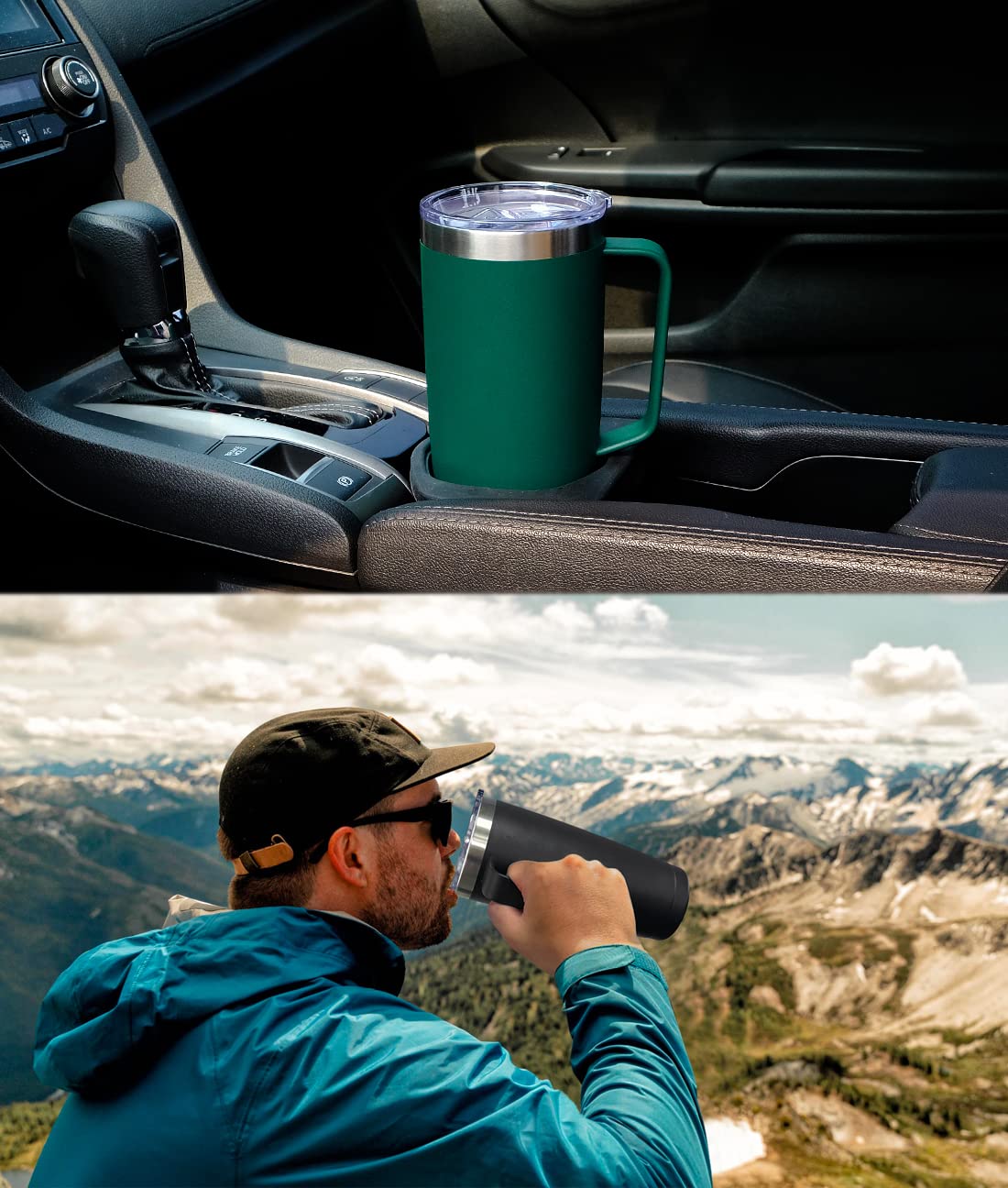 SUNWILL Travel Coffee Mug With Handle, Insulated Coffee Tumbler With Lid 24oz, Double Wall Stainless Steel Thermal Coffee Cup, Powder Coated Black