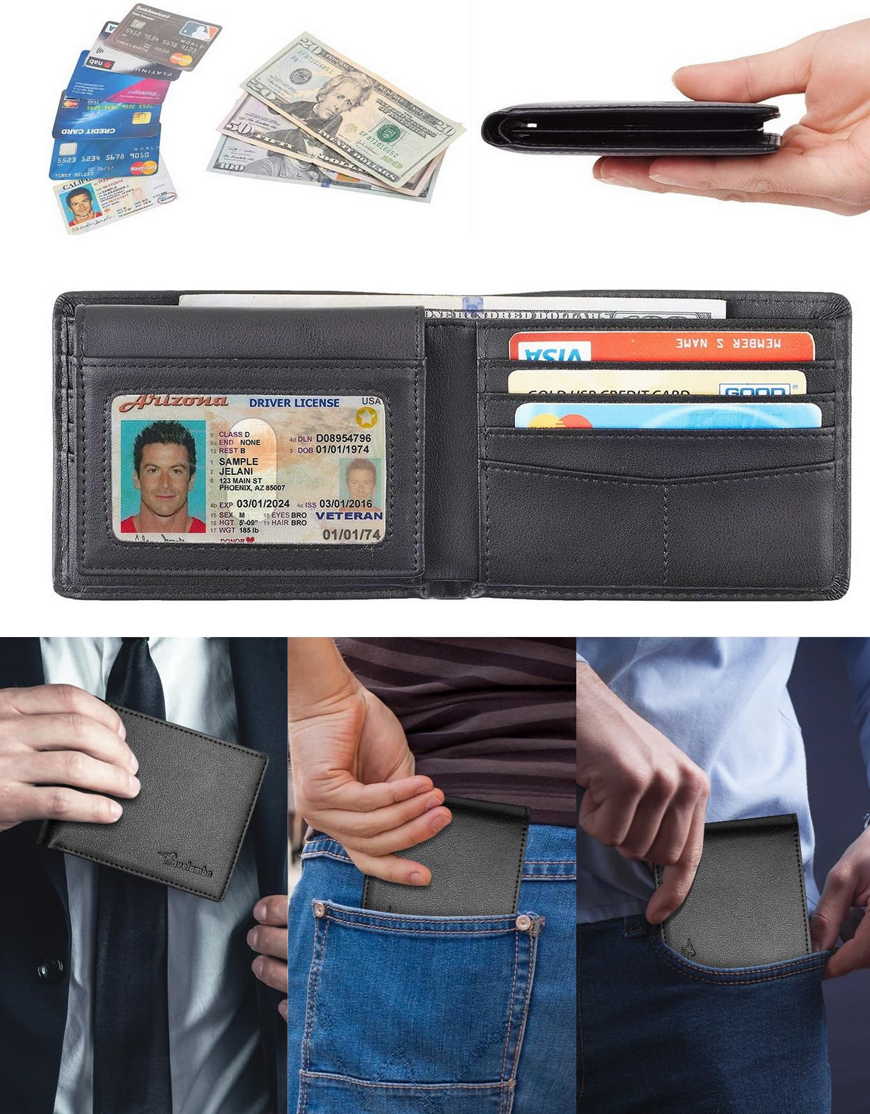 Travelambo Black Wallet for Men, Premium Genuine Leather RFID Blocking Mens Wallet, 10 Credit Card Holder Minimalist Front Pocket, Mens Bifold Wallet with 2 ID Window