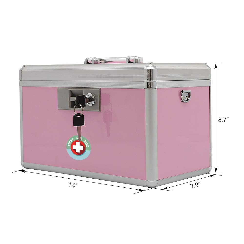 xydstay Medicine Lock Box, First Aid Safe Medication Storage Box,Layered Aluminum Daily Medicine Cabinet,Large Capacity Locking Medicine Storage Box for Family Use,14" x 7.9" x 8.7", Pink