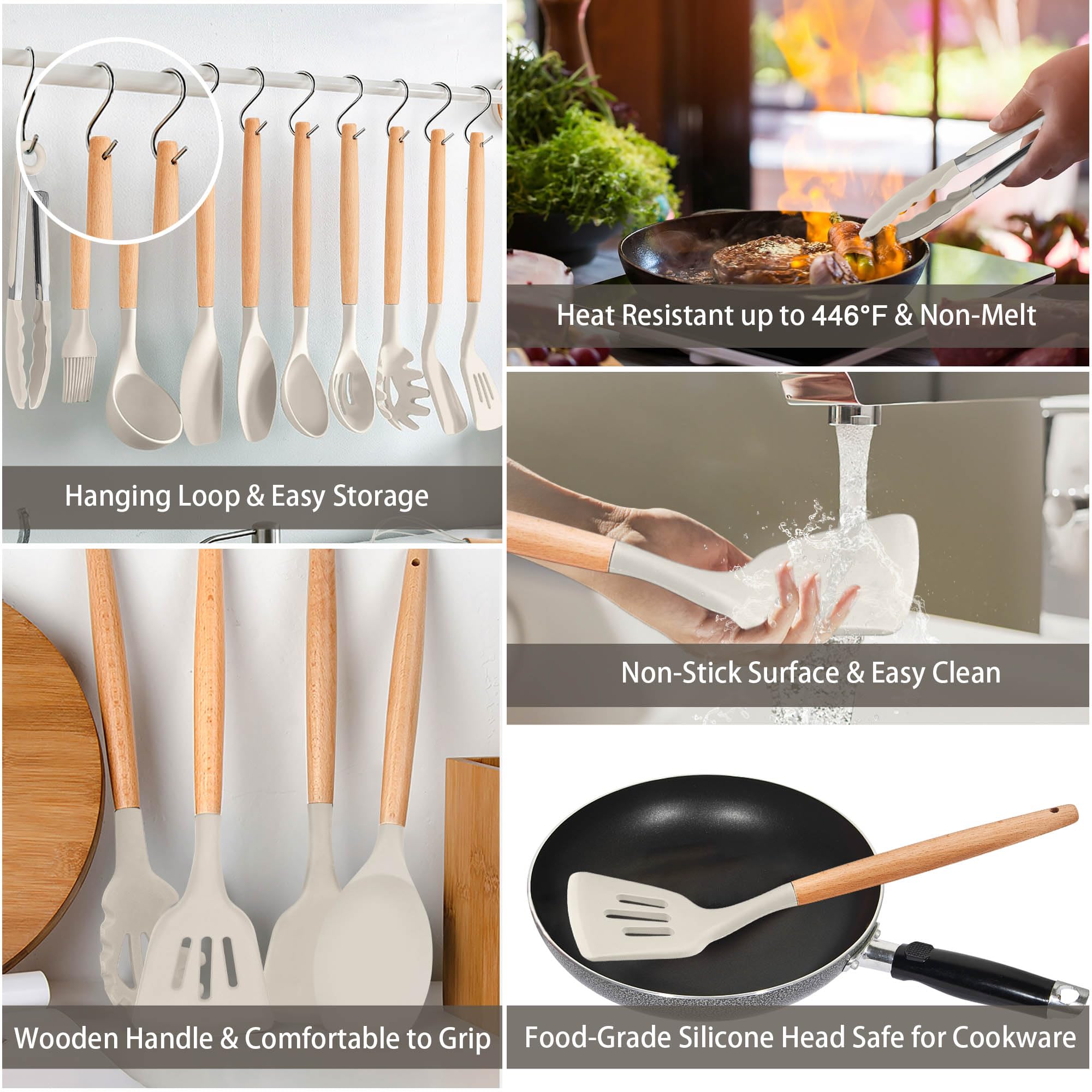 TeamFar 12Pcs Kitchen Cooking Utensils Set, Silicone Kitchen Gadgets Utensil Set for Nonstick Cookware with Wooden Handle, Spatula Spoon Turner, Non-Toxic & Non-Stick, Heat-Resistant, Black