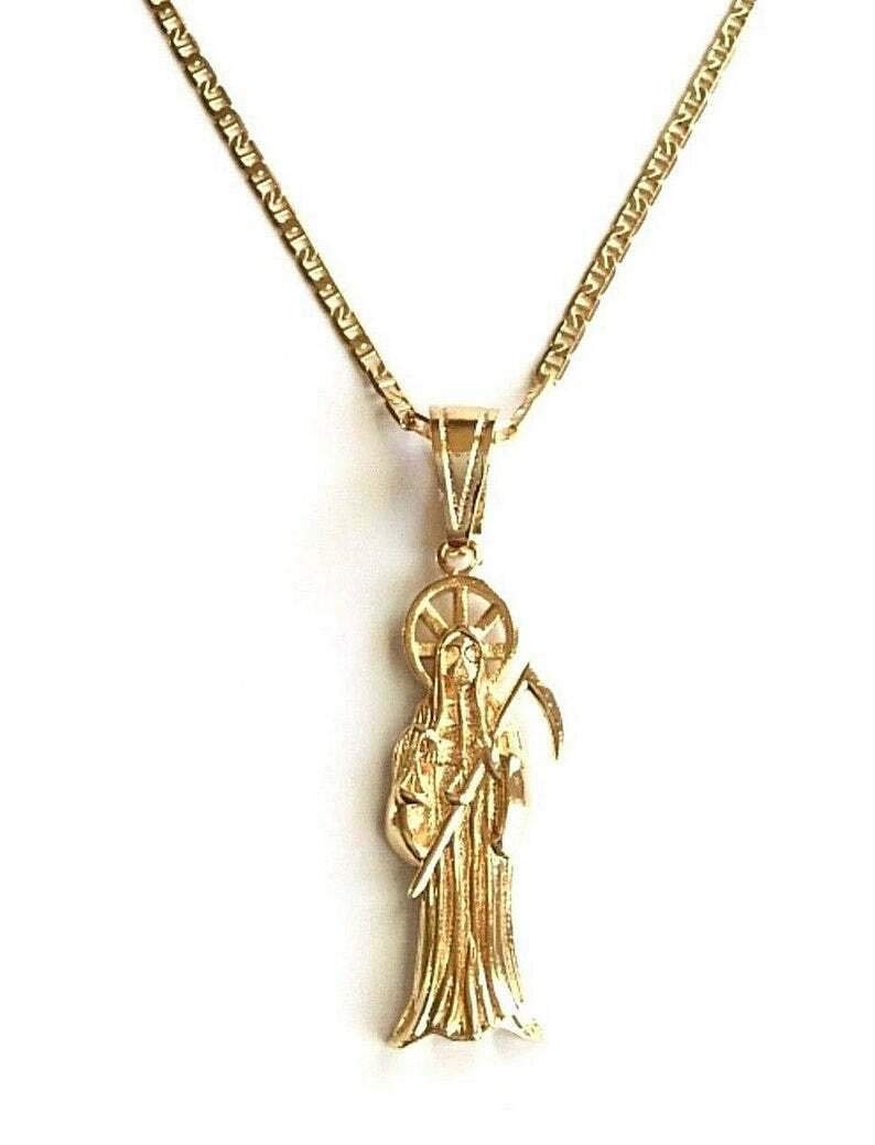 Yonune 18K GOLD PLATED GRIM REAPER NECKLACE 20" LONG / 18K BANO DE ORO CADENA DE LA SANTA MUERTE 20" LARGO-P77