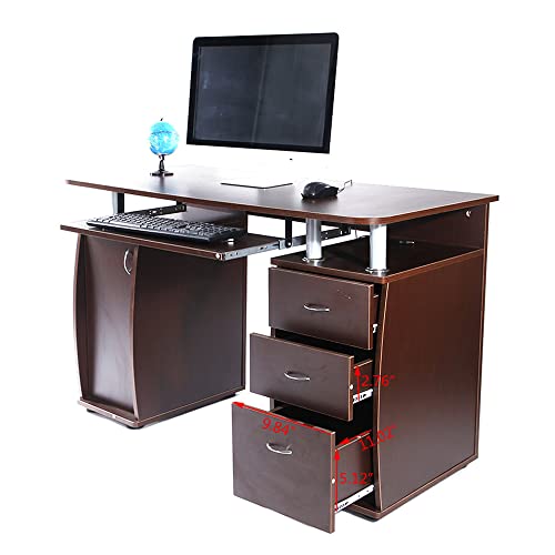XYZTech 45 Inch Home & Office Computer Desk with 3 Drawers Writing Study Computer Table Workstation with Detachable Sliding Slide-Out Keyboard Tray Shelf (Brown)