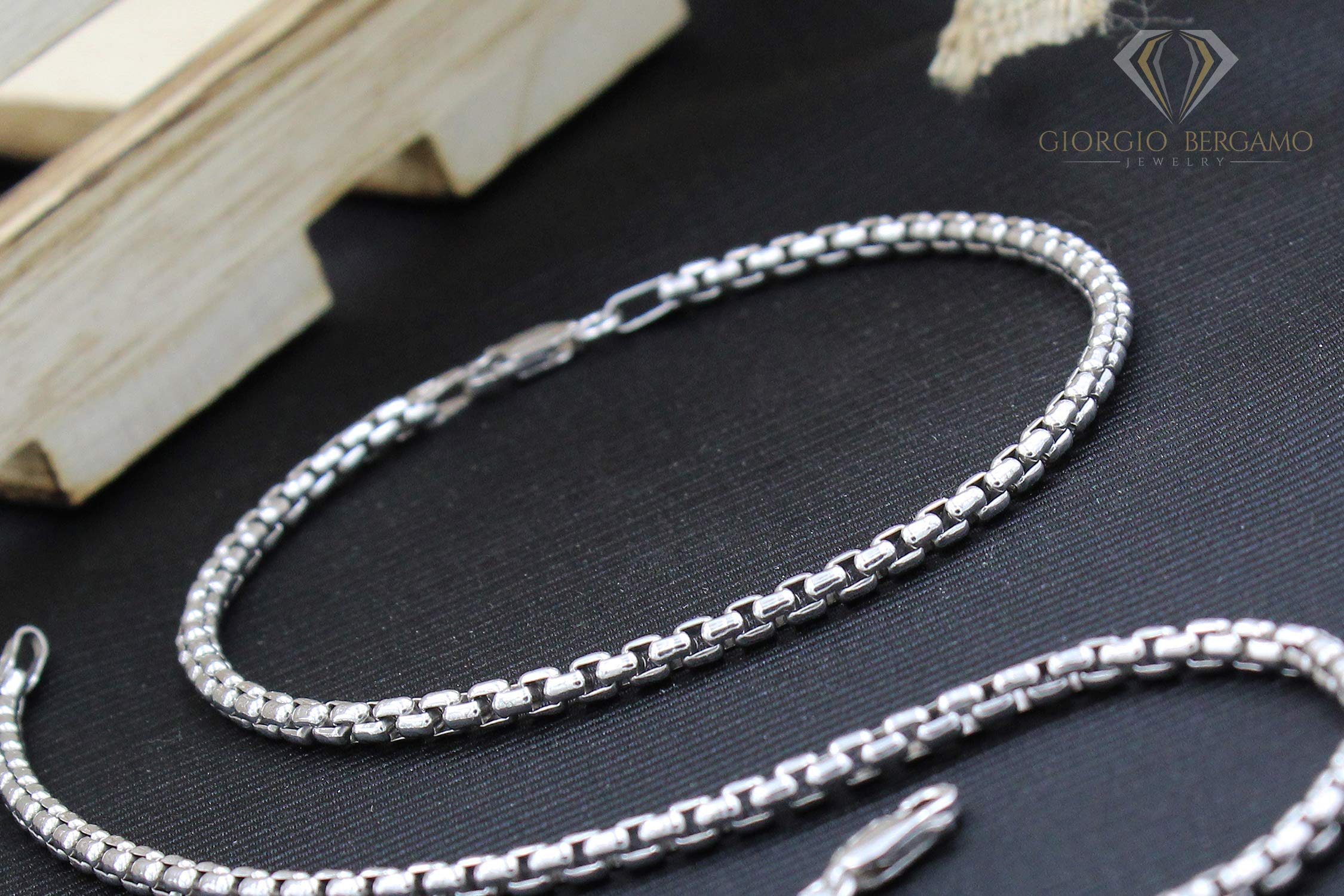 Giorgio Bergamo 925 Sterling Silver Italian 1.5mm Round Box Bracelet, Solid Rolo Link Rhodium Chain, (8.5)