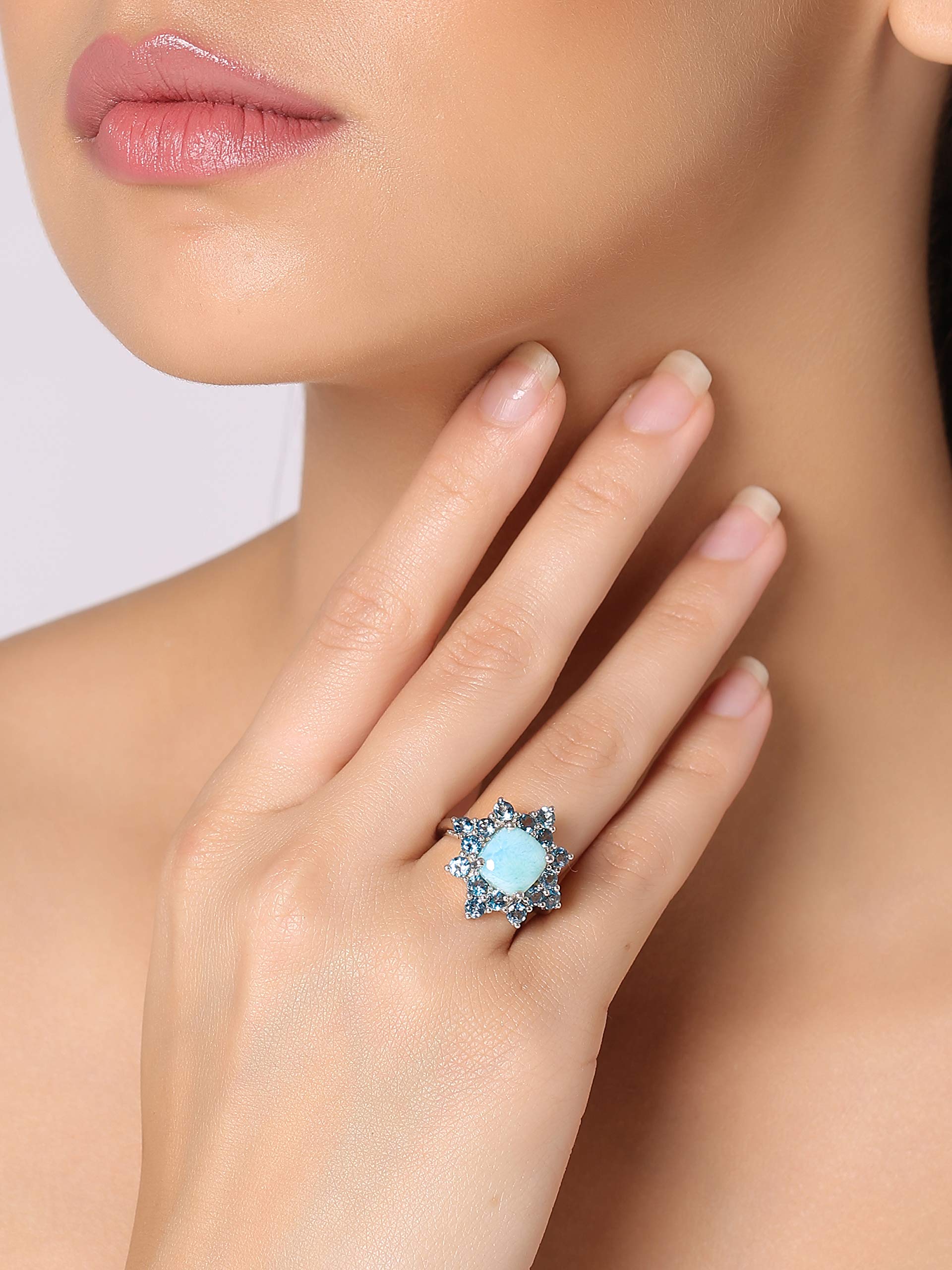 YoTreasure 5.40 ct. t.w. Larimar & Blue Topaz 925 Sterling Silver Flower Cluster Wedding Ring