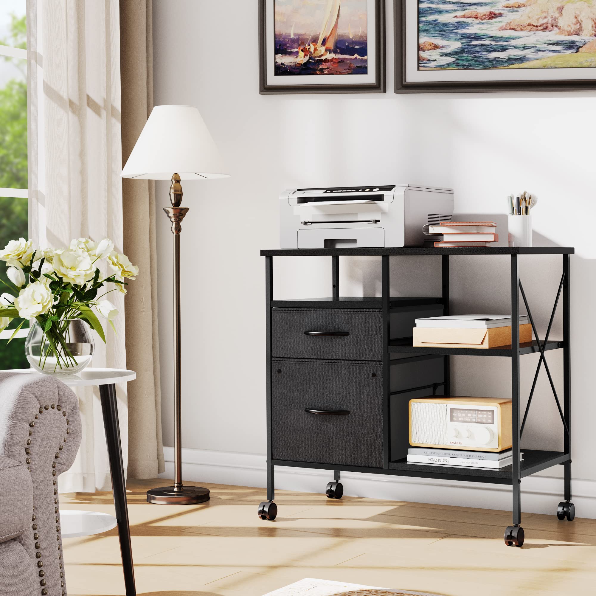 YITAHOME 2 Drawer Mobile File Cabinet, Rolling Printer Stand with Open Storage Shelf, Lateral Fabric Filing Cabinet for Home Office, Fits A4/Letter Size (Black)