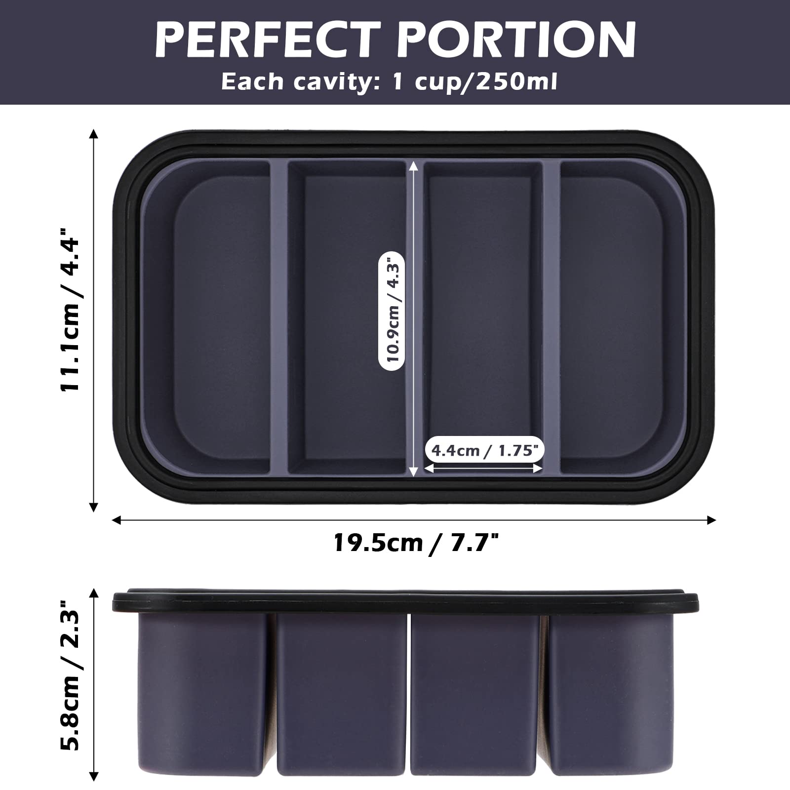 Webake Silicone Freezer Tray with Lid, Food Storage Container 1 Cup Portion, Ice Cube Tray for Soup Sauce Meal Prep, BPA Free - Grey